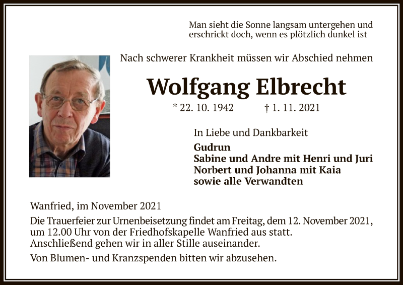 Traueranzeigen von Wolfgang Elbrecht | trauer.werra-rundschau.de