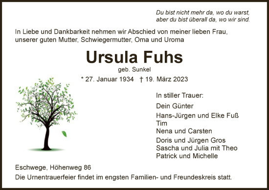 Traueranzeigen von Ursula Fuhs | trauer.werra-rundschau.de