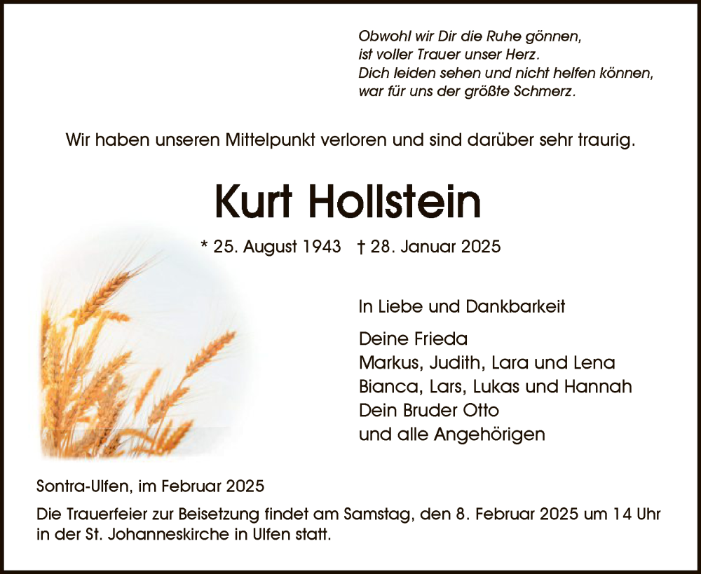 Traueranzeigen von Kurt Hollstein | trauer.werra-rundschau.de